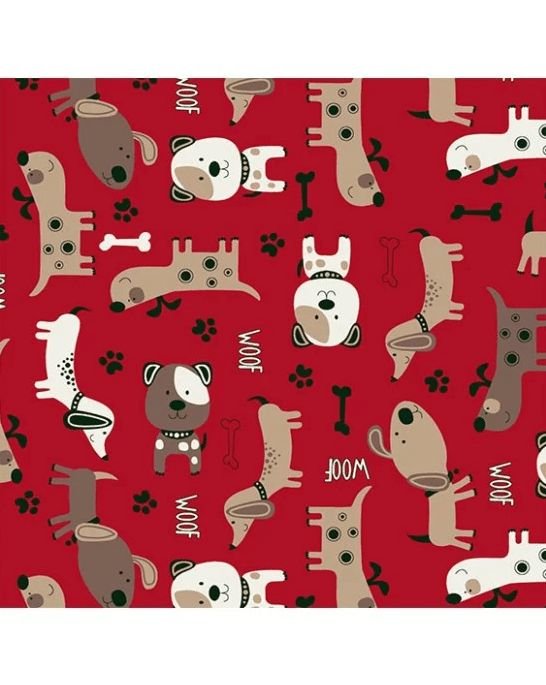 Tecido Tricoline vermelho Doguinhos